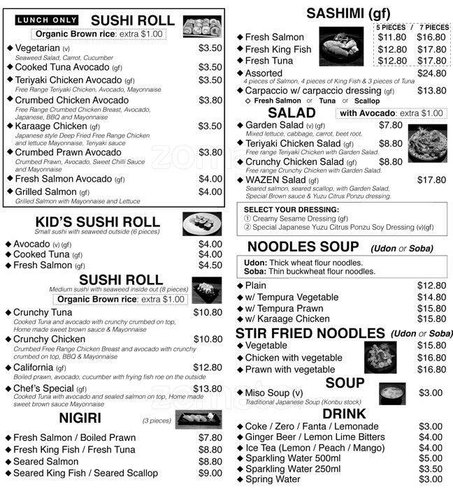 Menu at Wazen restaurant, Burleigh Heads