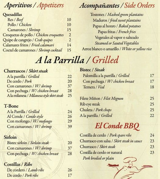 Menu at El Conde Nuevo steakhouse, New York City