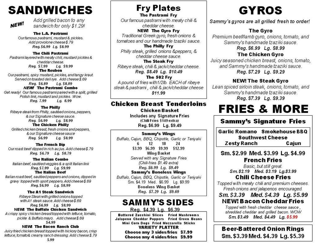 Menu at Sammy's L.A. Pastrami & Burgers steakhouse, Las Vegas