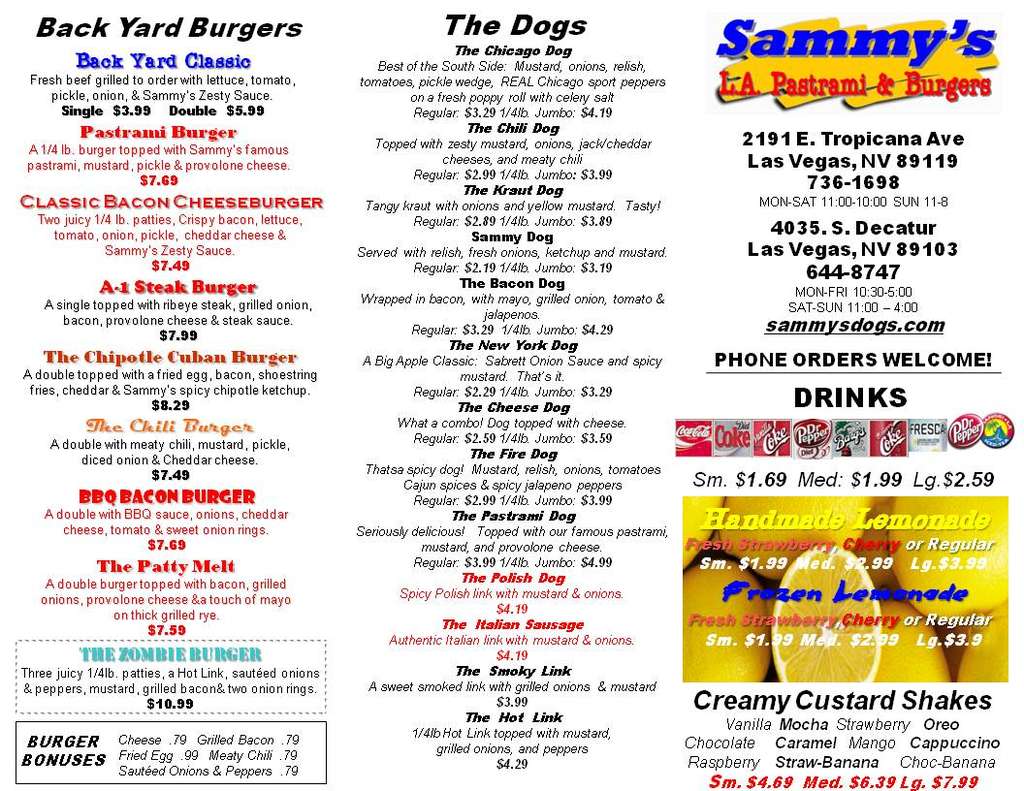Menu at Sammy's L.A. Pastrami & Burgers steakhouse, Las Vegas