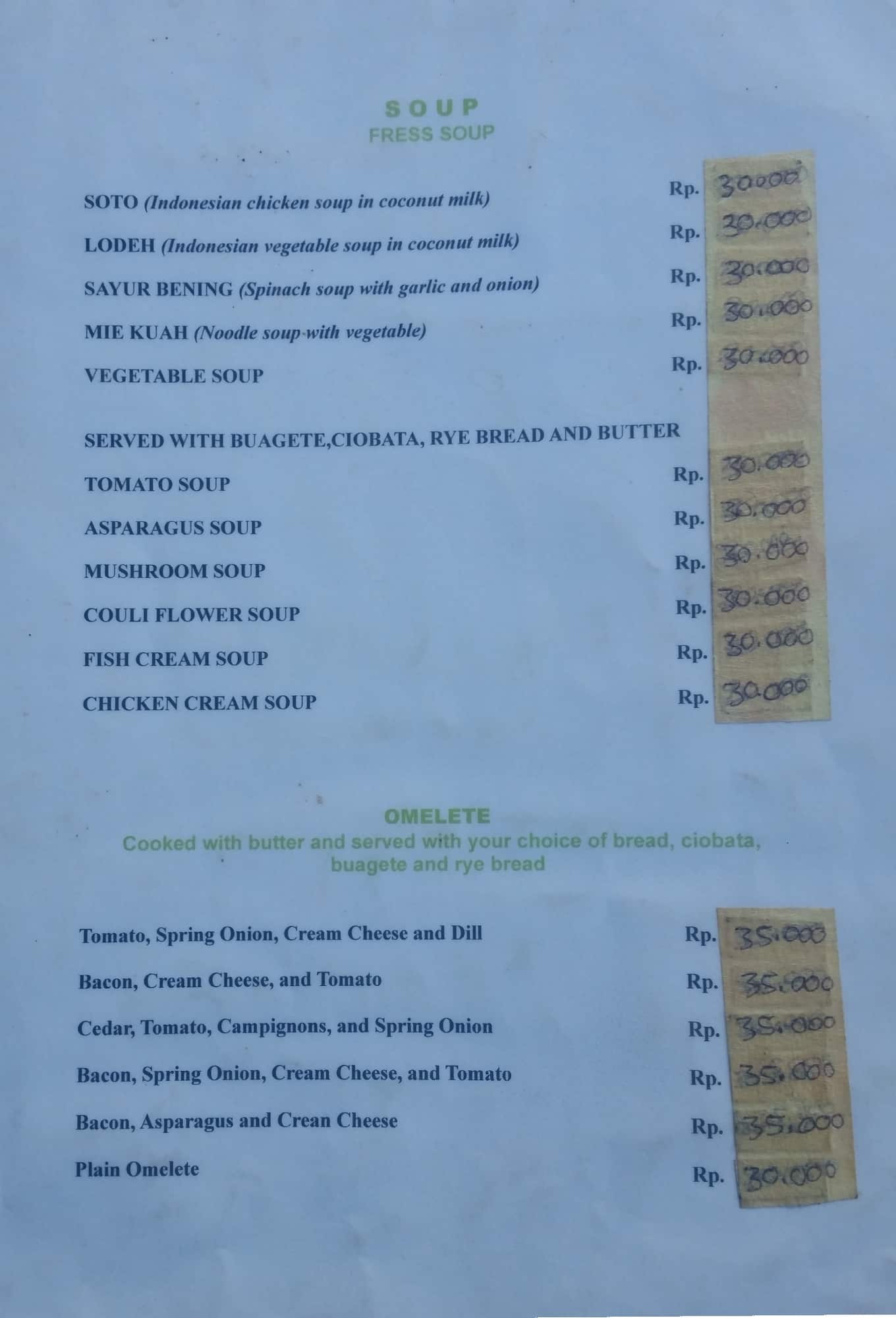 Menu at Bali Yoga Restaurant, Gianyar