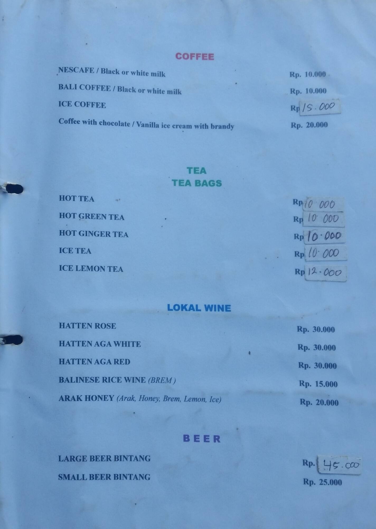 Menu at Bali Yoga Restaurant, Gianyar