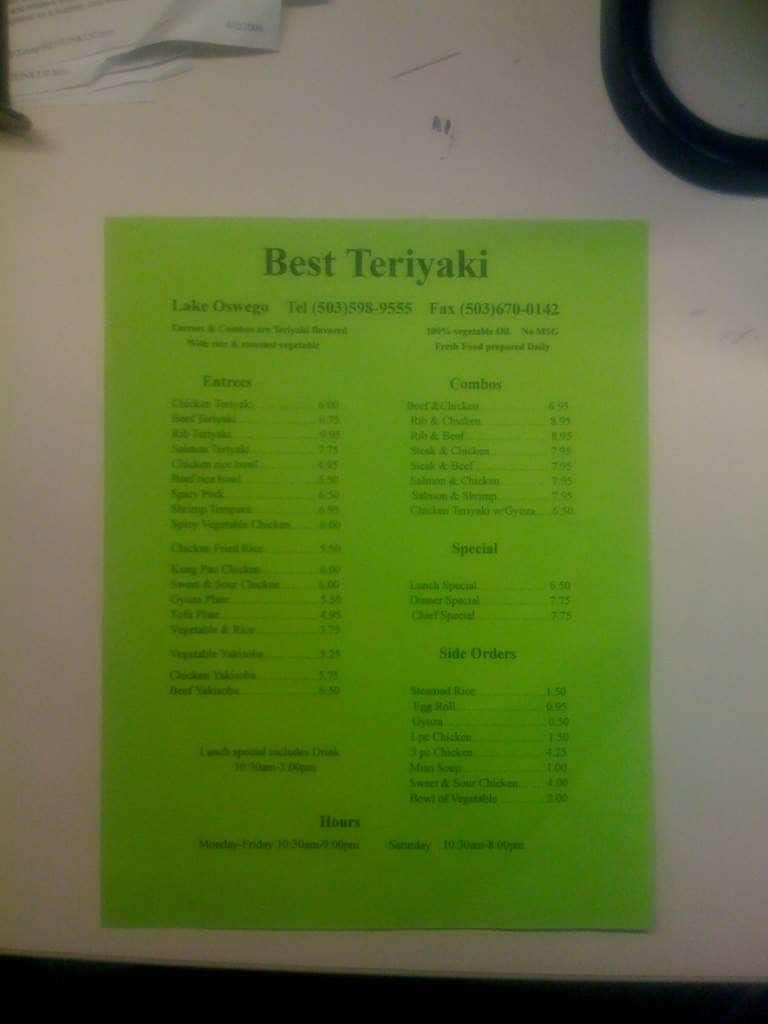 Menu at Best Teriyaki restaurant, Lake Oswego, Bangy Rd