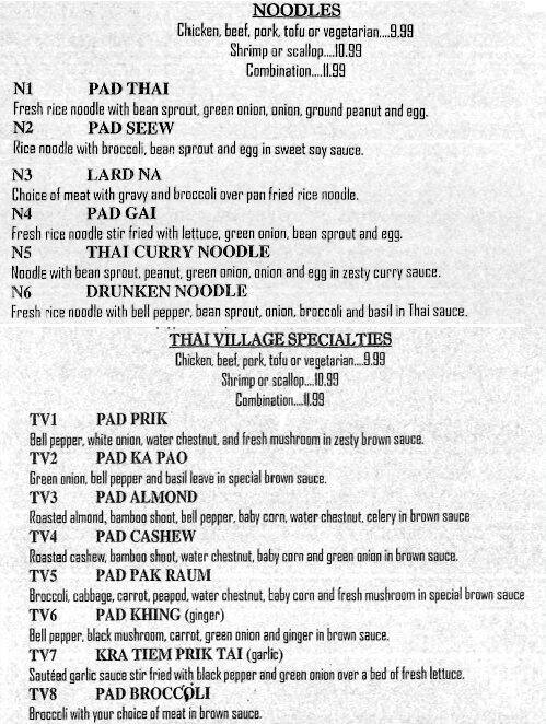 Menu at Thai Village restaurant, Tulsa, S Lewis Ave E