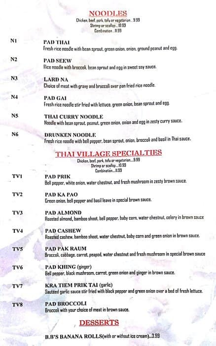 Menu at Thai Village restaurant, Tulsa, S Lewis Ave E