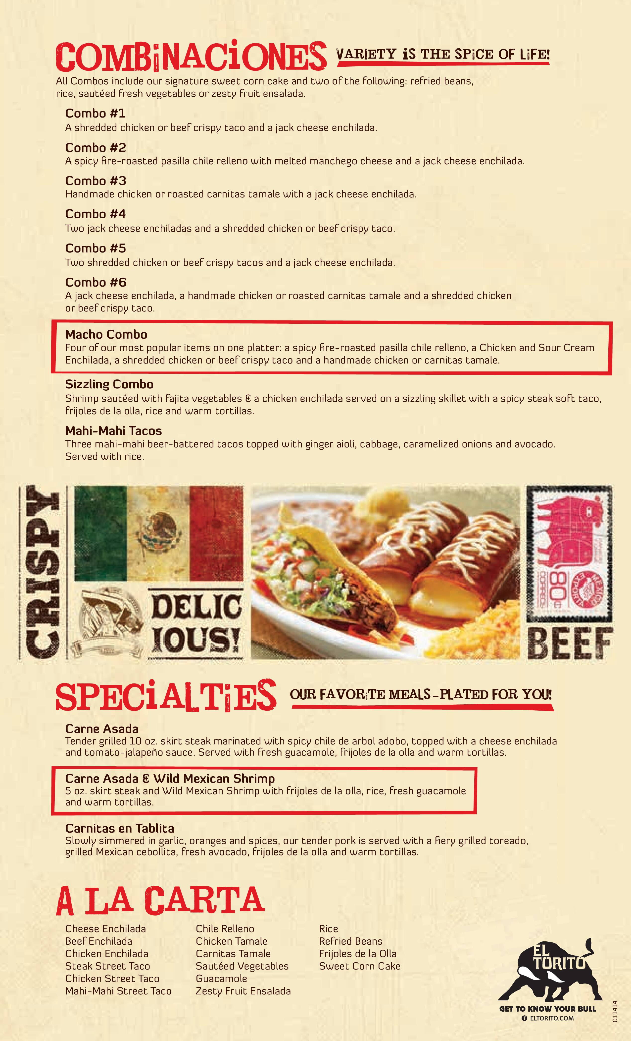 Menu at Mi Torito restaurant, Brownsville, 715 Frontage Rd