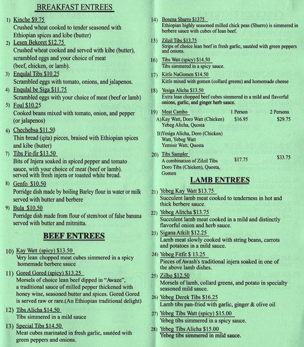 Menu at Awash Ethiopian Restaurant, Chicago