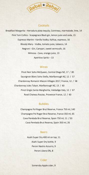 Menu at Rebel Rebel cafe, Auckland