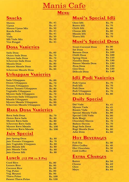Menu of Mani's Cafe, Dadar Shivaji Park, Mumbai