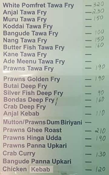 Menu of Giri Manja's, Bhavathi, Mangalore