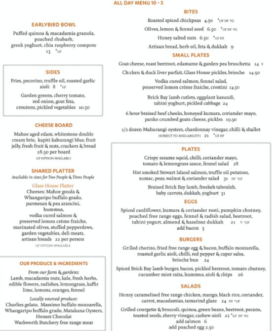 The Glass House Menu, Menu for The Glass House, Snells Beach, Auckland ...