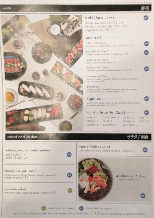 Menu at Origami restaurant, Wellington