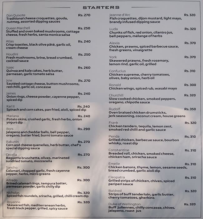 Menu of Arthur's Theme, Koregaon Park, Pune