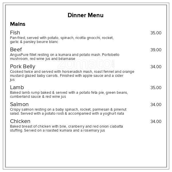 Menu at Aberdeen restaurant, Palmerston North