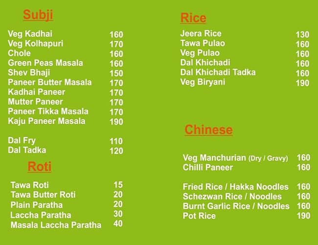 Menu of One Way Foods, Sinhgad Road, Pune
