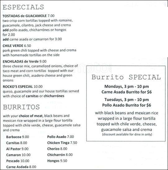 Menu at Rocko's Cantina restaurant, Lakewood