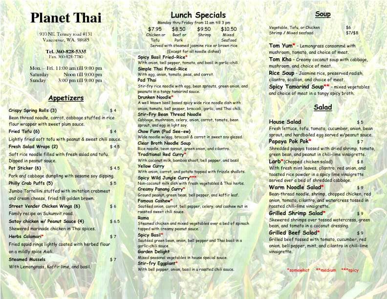 Menu at Planet Thai restaurant, Vancouver, 910 NE Tenney Rd