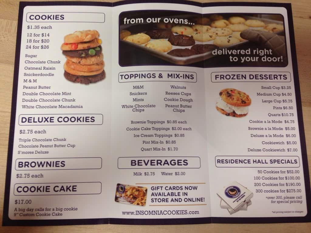 Menu at Insomnia Cookies restaurant, Athens