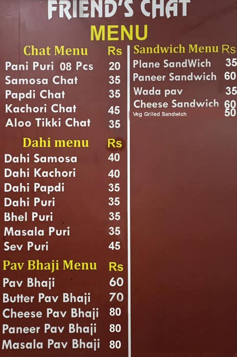 Menu of Friend's Chat, Begumpet, Hyderabad