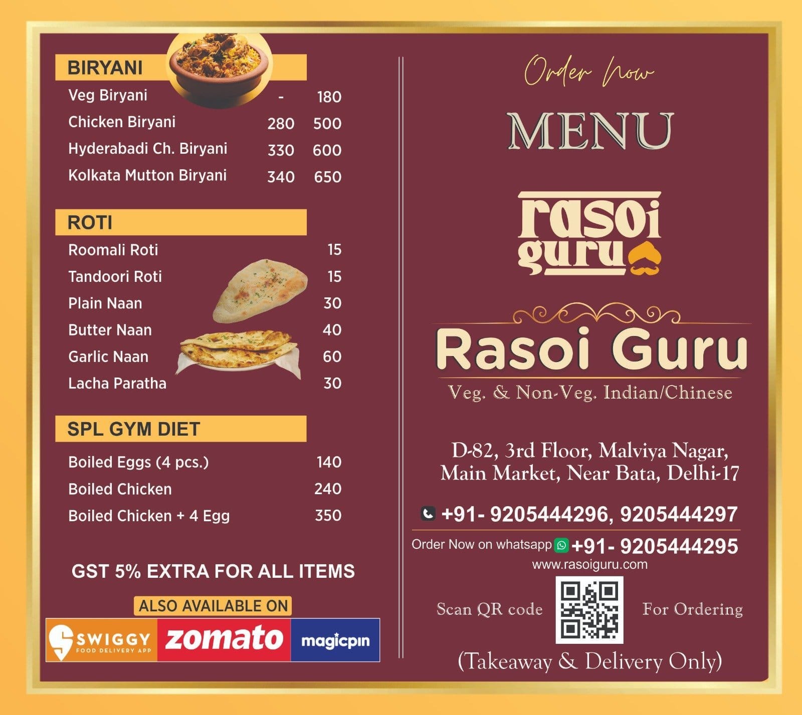 Menu of Rasoi Guru, Malviya Nagar, New Delhi