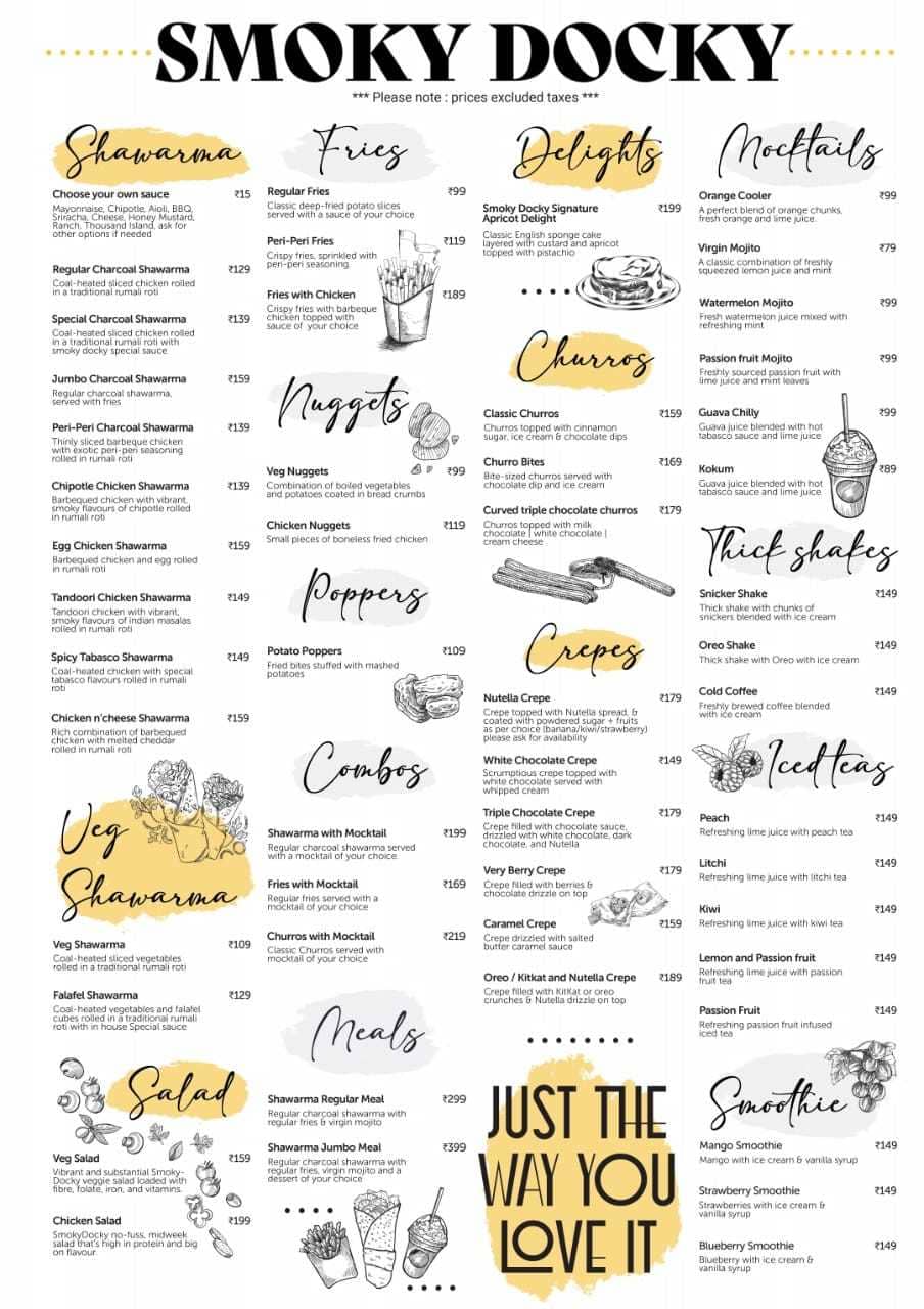 Menu of Smoky Docky, Brigade Road, Bangalore