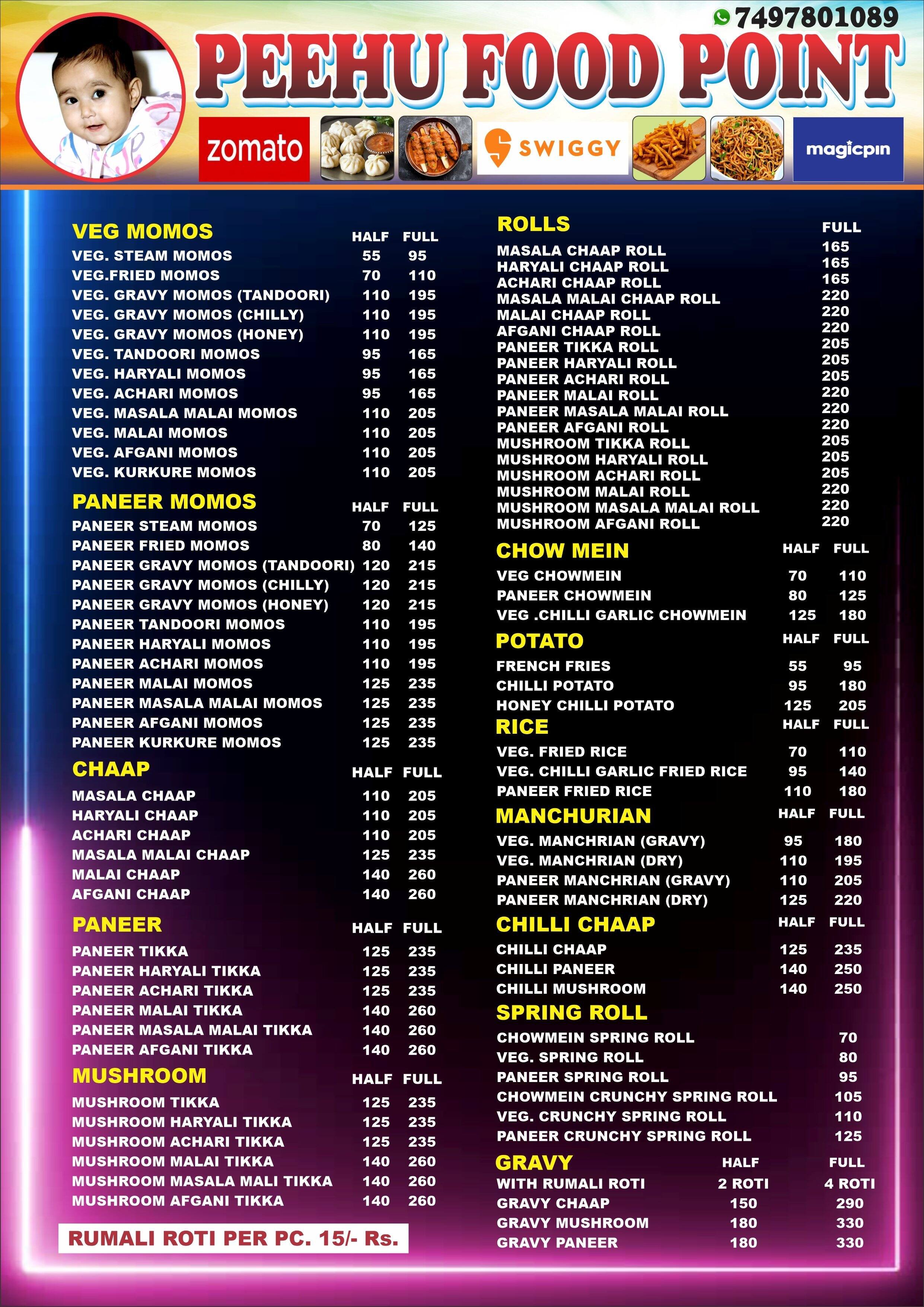 Menu of Peehu Food Point, Najafgarh, New Delhi