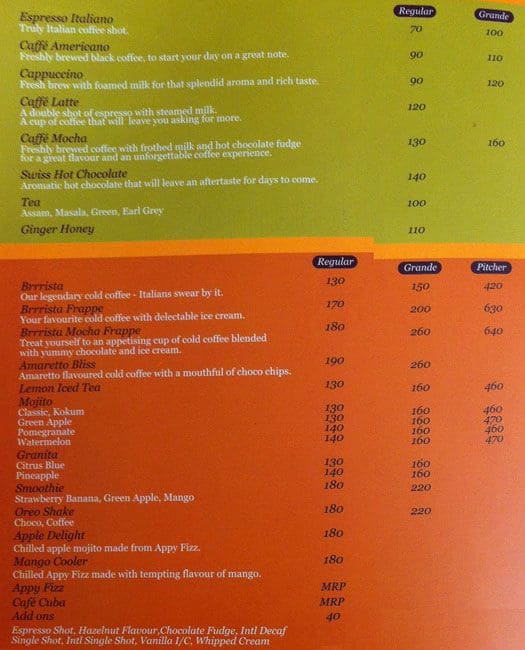 Menu at Barista, Kolkata, City Centre 2 Mall