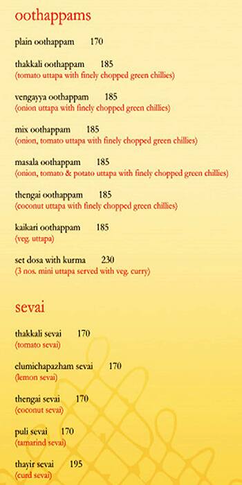 Menu of Dakshinayan, Juhu, Mumbai
