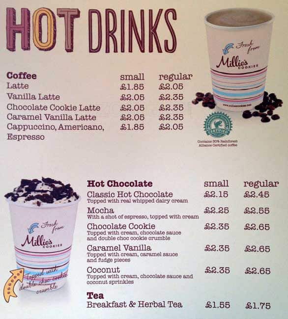 Menu at Millies Cookies, Bromley, 68 The Glades Shopping Centre High Street