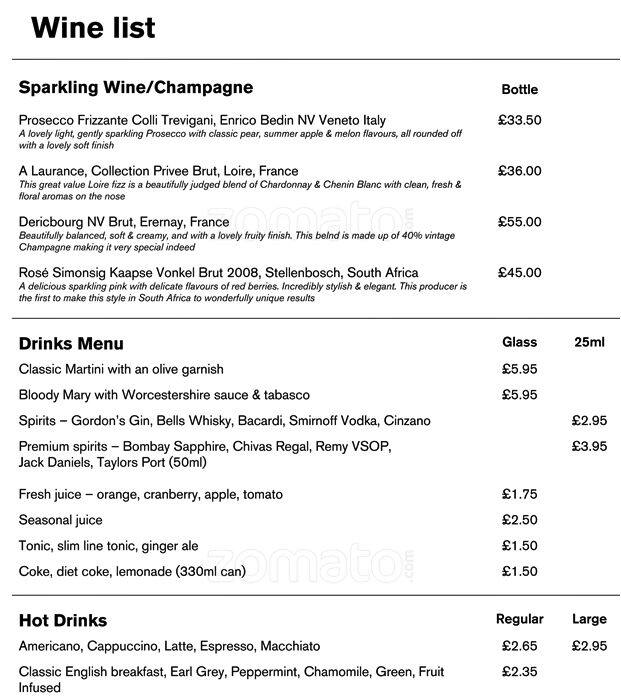 Menu at The Vaults Restaurant, London, The RSA