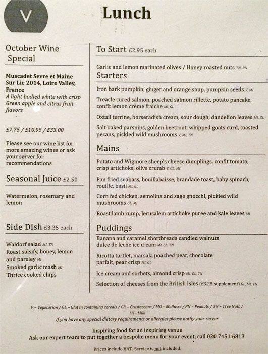 Menu at The Vaults Restaurant, London, The RSA