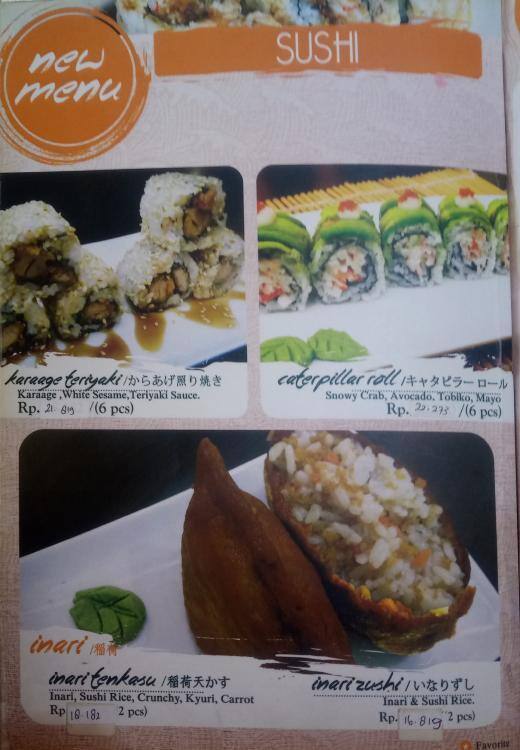 Menu at Kyo Sushi restaurant, Jakarta, Jalan Boulevard Raya Blok FW1 No.8