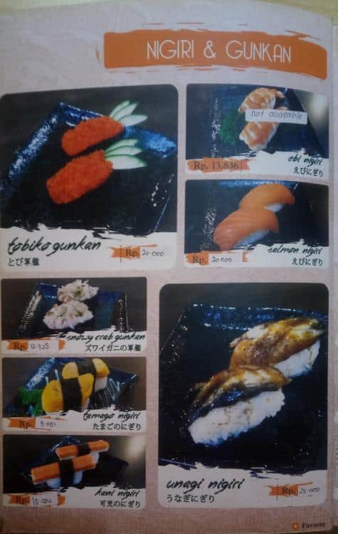 Menu at Kyo Sushi restaurant, Jakarta, Jalan Boulevard Raya Blok FW1 No.8