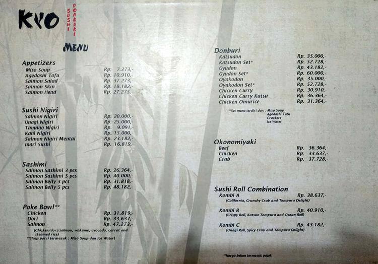 Menu at Kyo Sushi restaurant, Jakarta, Jalan Boulevard Raya Blok FW1 No.8