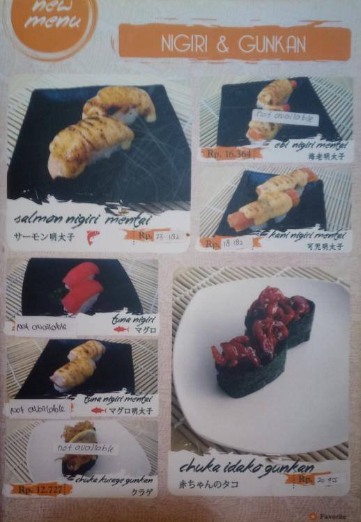 Menu at Kyo Sushi restaurant, Jakarta, Jalan Boulevard Raya Blok FW1 No.8
