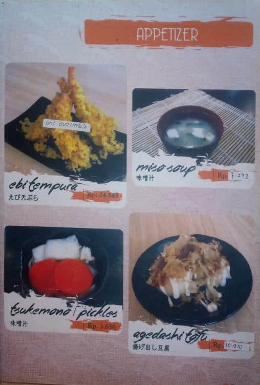 Menu at Kyo Sushi restaurant, Jakarta, Jalan Boulevard Raya Blok FW1 No.8