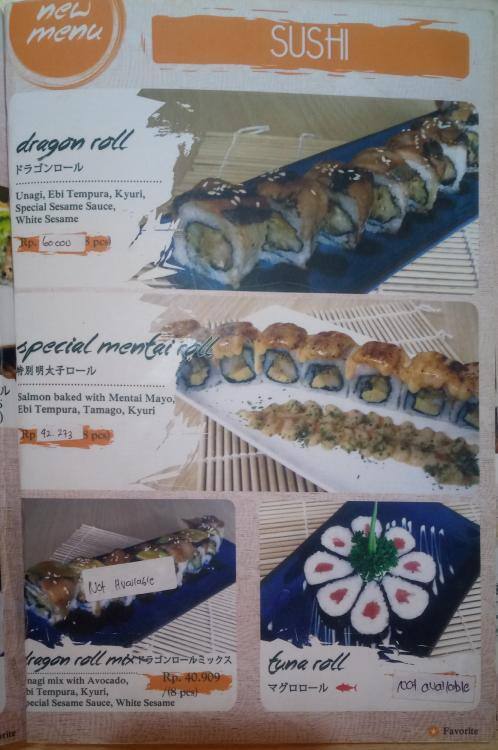 Menu at Kyo Sushi restaurant, Jakarta, Jalan Boulevard Raya Blok FW1 No.8