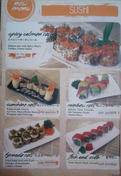 Menu at Kyo Sushi restaurant, Jakarta, Jalan Boulevard Raya Blok FW1 No.8