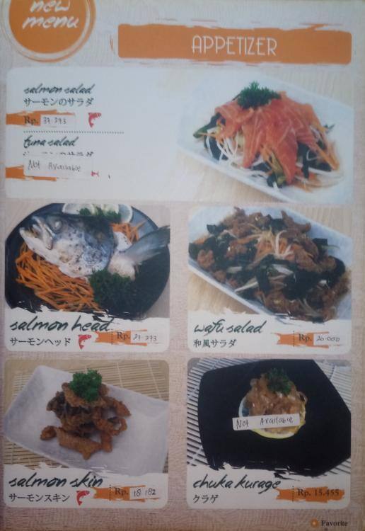 Menu at Kyo Sushi restaurant, Jakarta, Jalan Boulevard Raya Blok FW1 No.8
