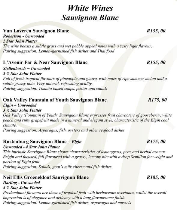 Menu at Chapters Restaurant, Centurion