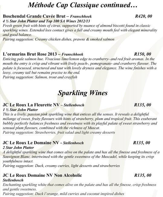 Menu at Chapters Restaurant, Centurion