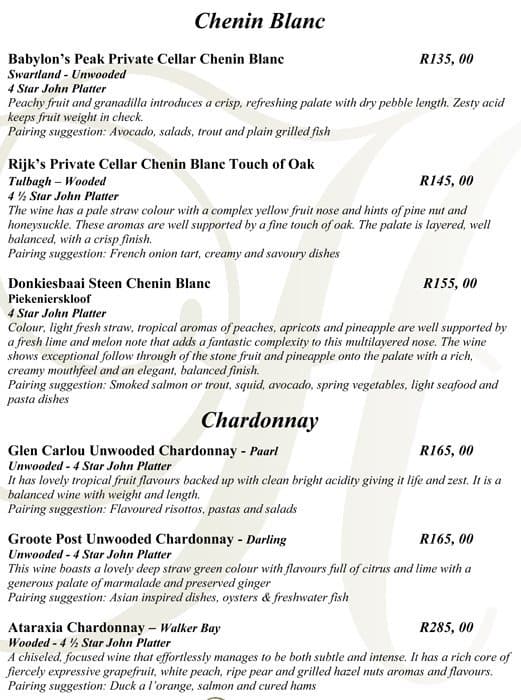 Menu at Chapters Restaurant, Centurion