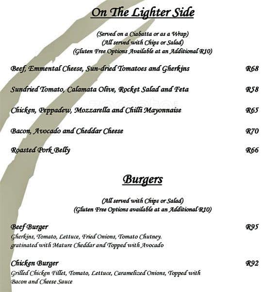 Menu at Chapters Restaurant, Centurion