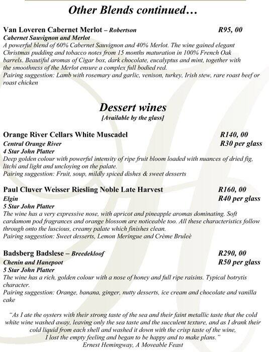 Menu at Chapters Restaurant, Centurion