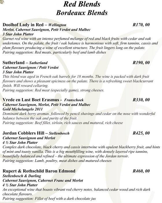 Menu at Chapters Restaurant, Centurion