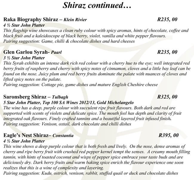 Menu at Chapters Restaurant, Centurion