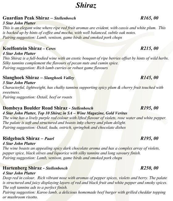 Menu at Chapters Restaurant, Centurion