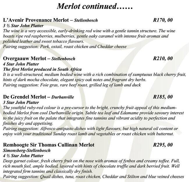 Menu at Chapters Restaurant, Centurion