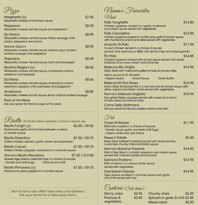 Menu at Nonna Gina's restaurant, Newton Mearns, 255 Ayr Rd