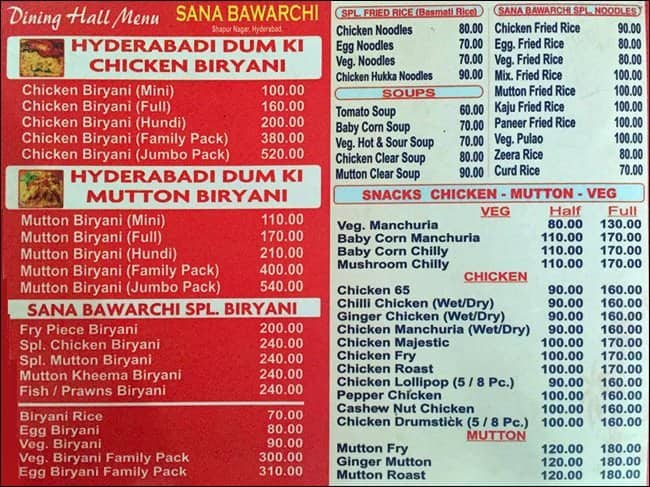 Sana Bawarchi Menu, Menu for Sana Bawarchi, Jeedimetla, Hyderabad - Zomato